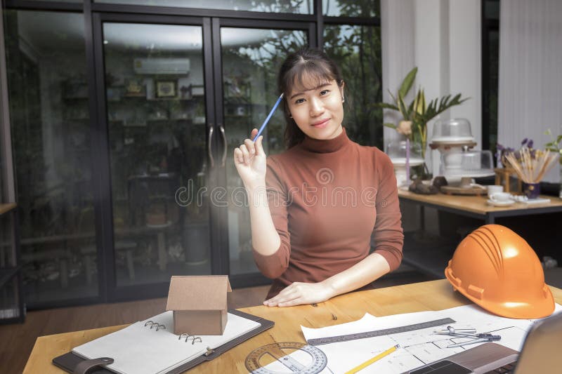 Female Architect Working with New Startup Project at Home Office Stock ...