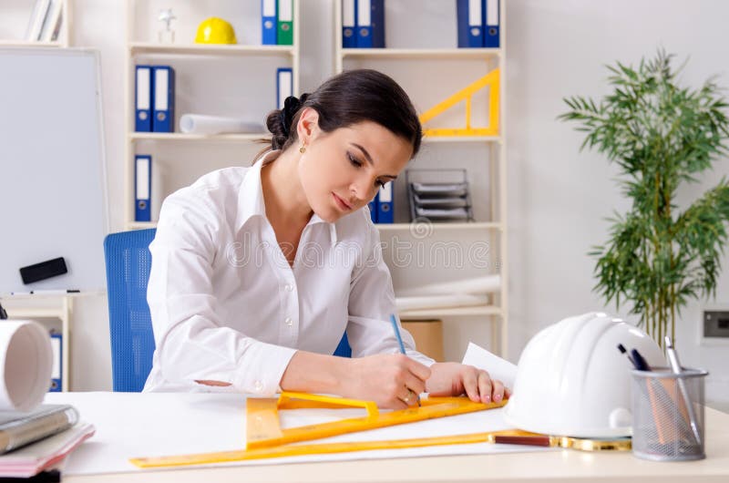 The Female Architect Working in the Office Stock Image - Image of ...