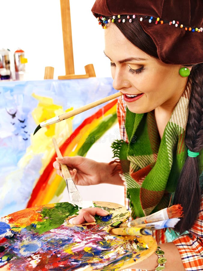 Female artist at work. stock photo. Image of girl, easel - 36942008