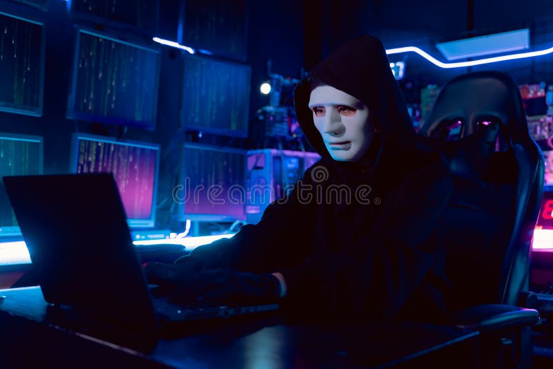 Female Asian Hacker in Hideout Place with Dark Environment and Multiple ...