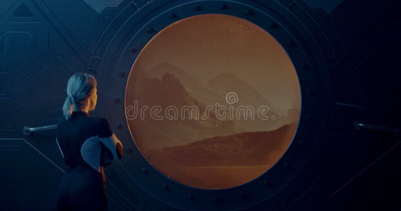 Female Astronaut Looking Out Mars Base Window Stock Photo - Image of ...