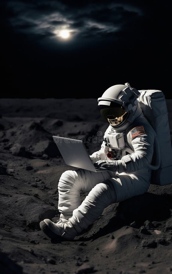 Focused Astronaut Using Laptop Under Moonlight Stock Photo - Image of ...