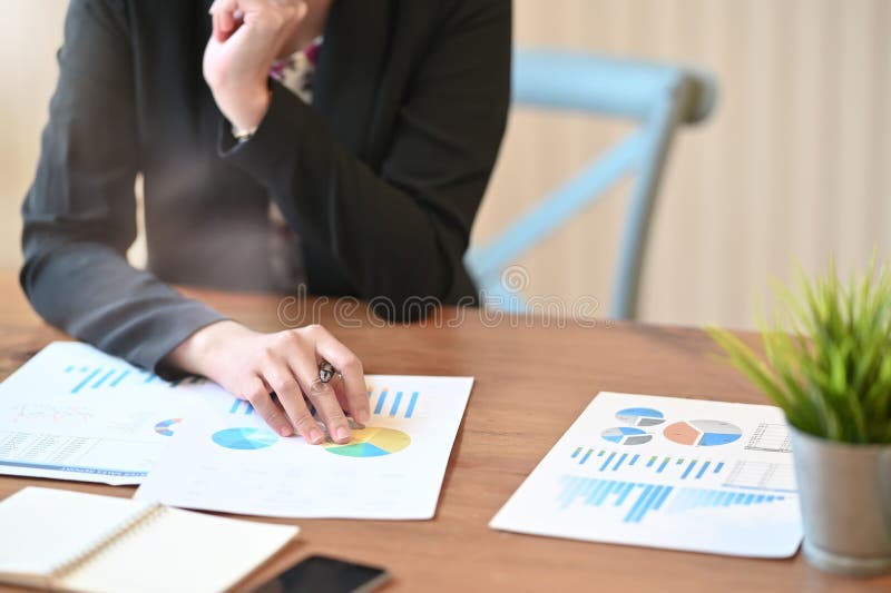 Female Audit Analysis Finance Data in Paper Document on Working Table ...
