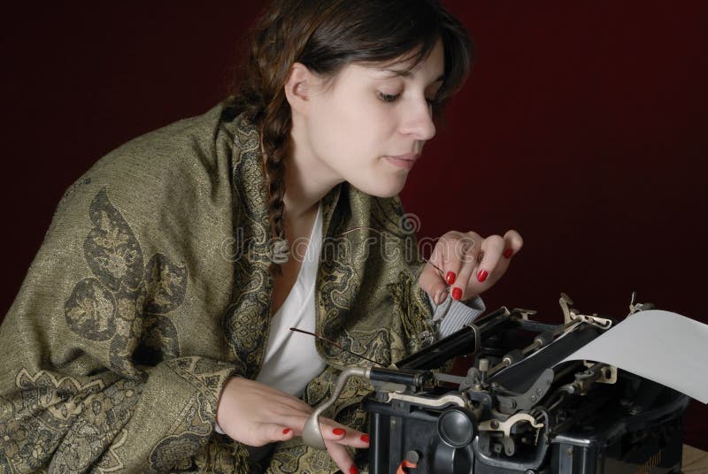 Female Author Typing on an Old Typewriter Stock Photo - Image of dark ...