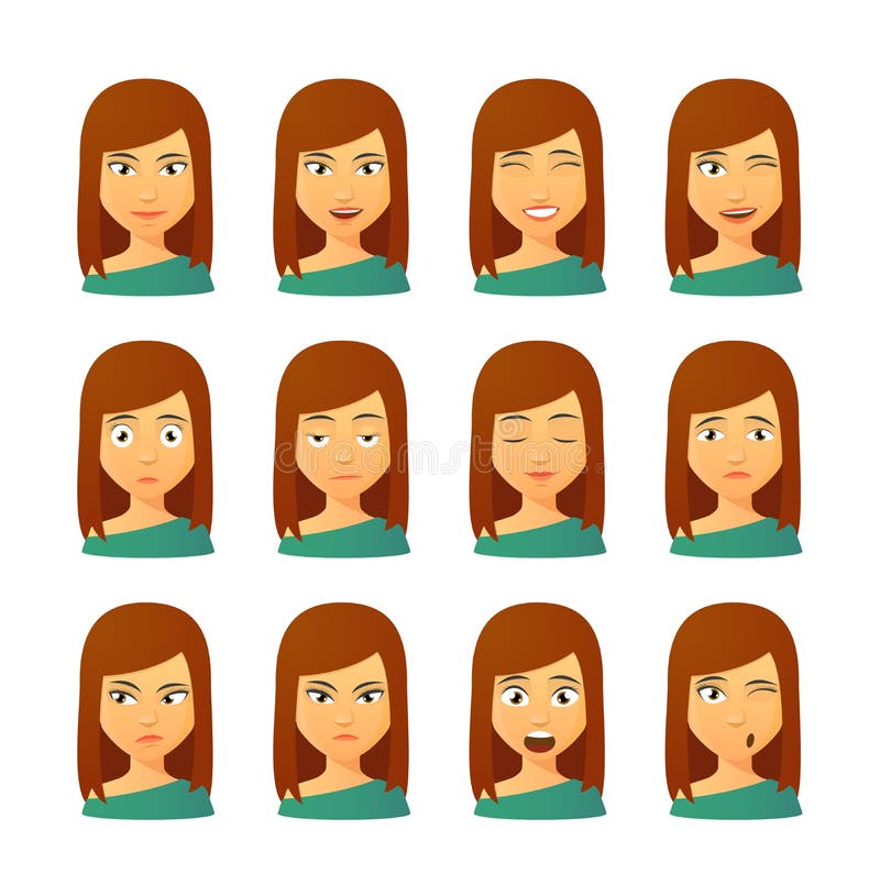 Female Avatar Expression Set Stock Illustration - Illustration of happy ...