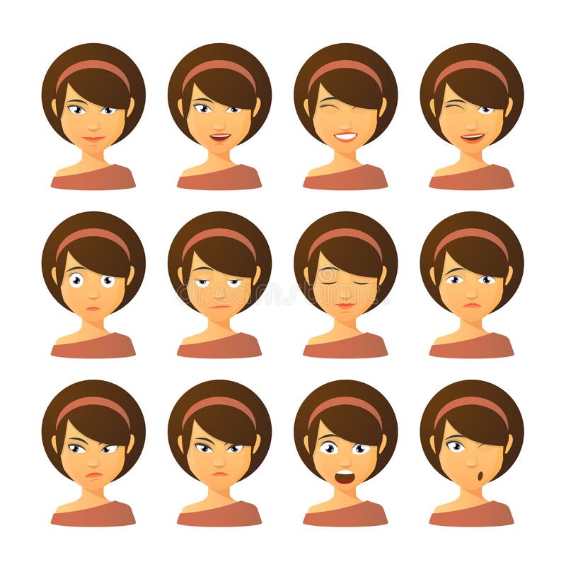 Female Avatar Expression Set Stock Illustration - Illustration of happy ...