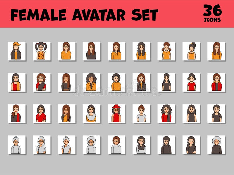 Female Avatar Icon Set on Grey and White Square Stock Illustration ...
