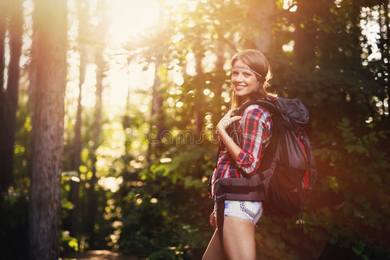 Female Backpacker Set Out on Forest Trail Stock Photo - Image of people ...