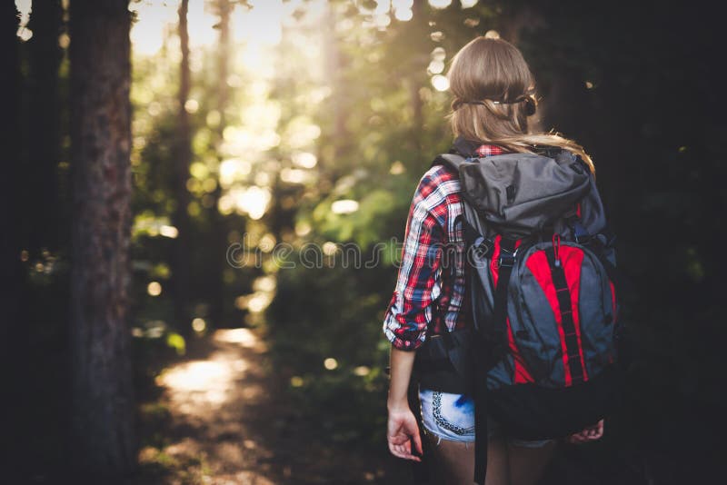 Female Backpacker Set Out on Forest Trail Stock Photo - Image of happy ...