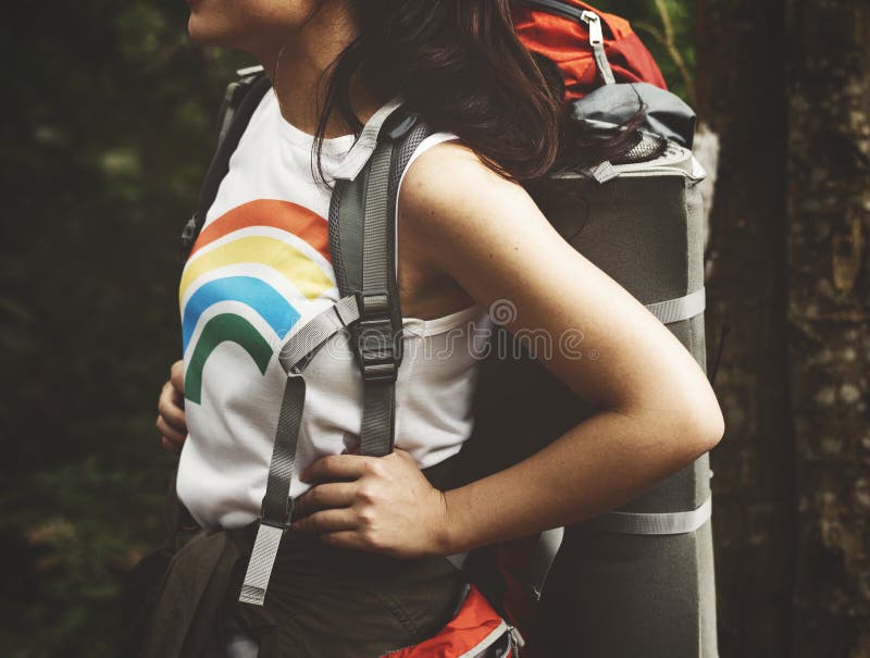 A Female Backpacker Trekking in a Forest Stock Image - Image of ...