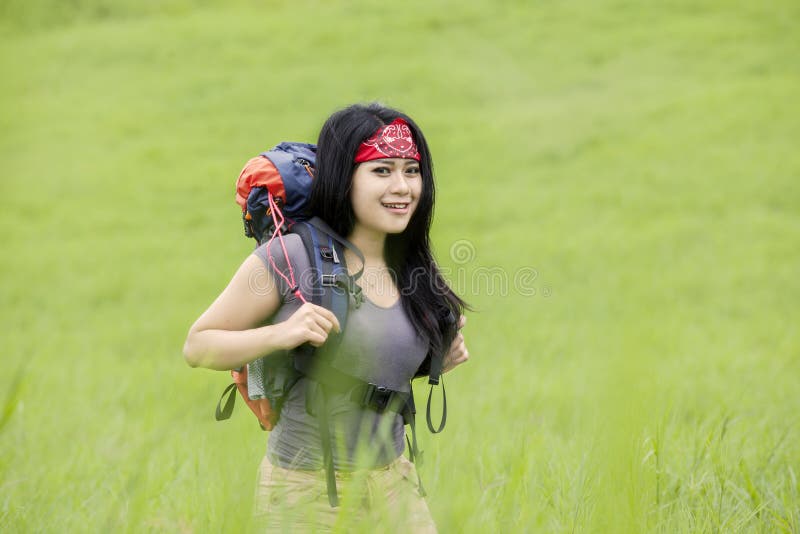 Female Backpacker Walk in Nature Stock Photo - Image of exploration ...