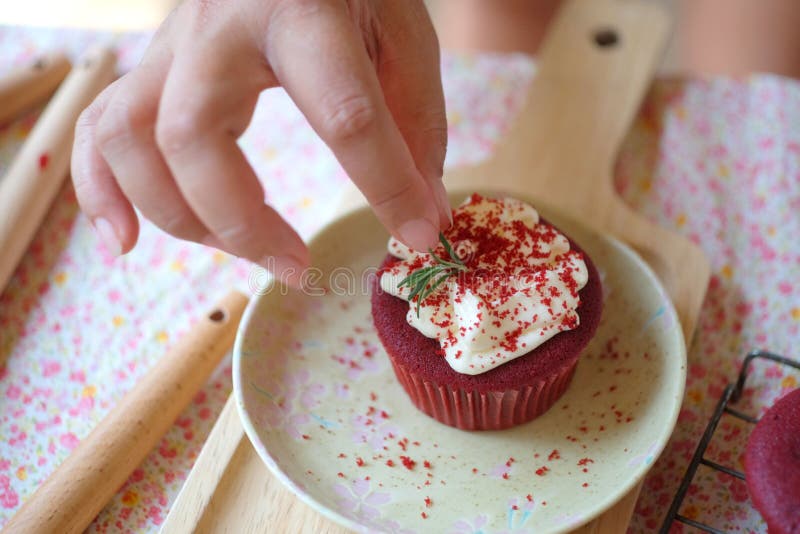 Female Baker Decorating Tasty Cupcake at Table Stock Image - Image of ...