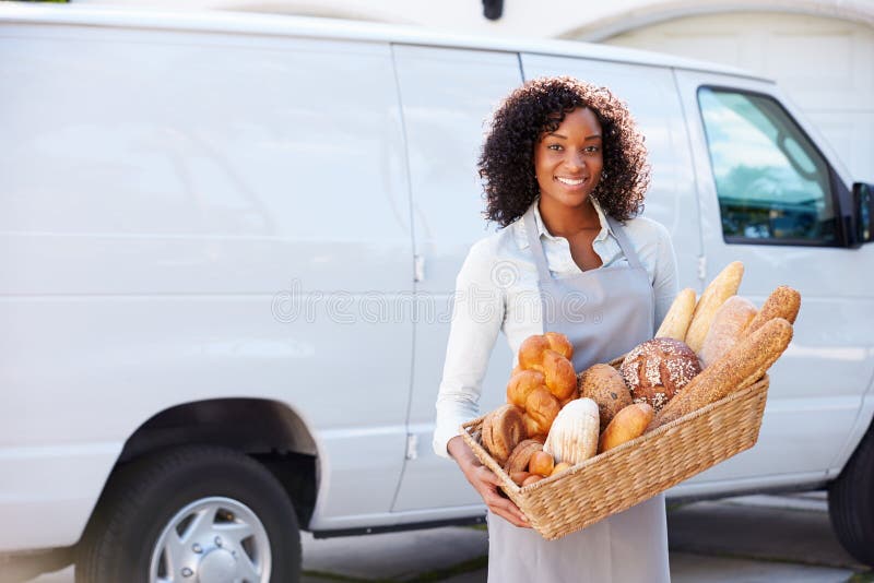 Female Baker Delivering Bread Standing in Front of Van Stock Photo ...