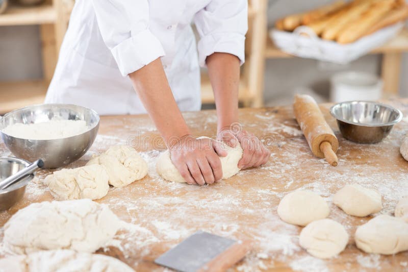 Female Baker Kneading Dough Close-up Stock Image - Image of cook, chef ...