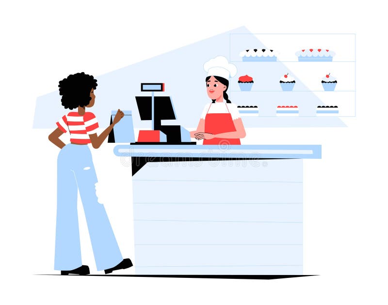 Female Baker Serving Customer at Bakery Counter in Flat Vector ...