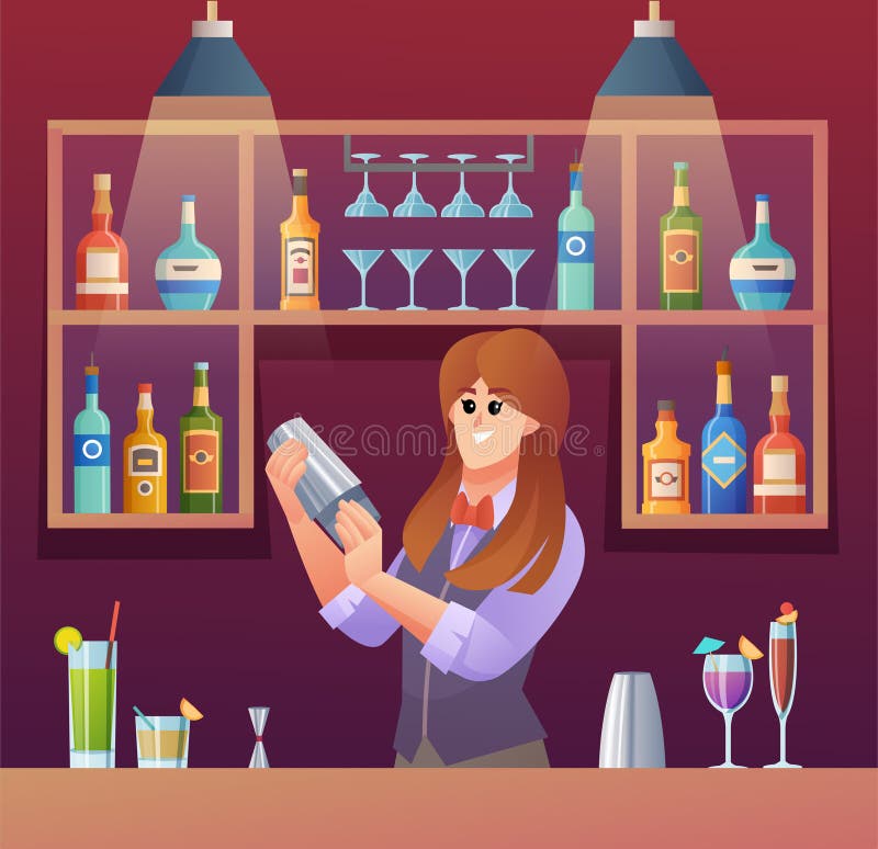 Female Bartender Mixing Drinks at Bar Counter Stock Vector ...