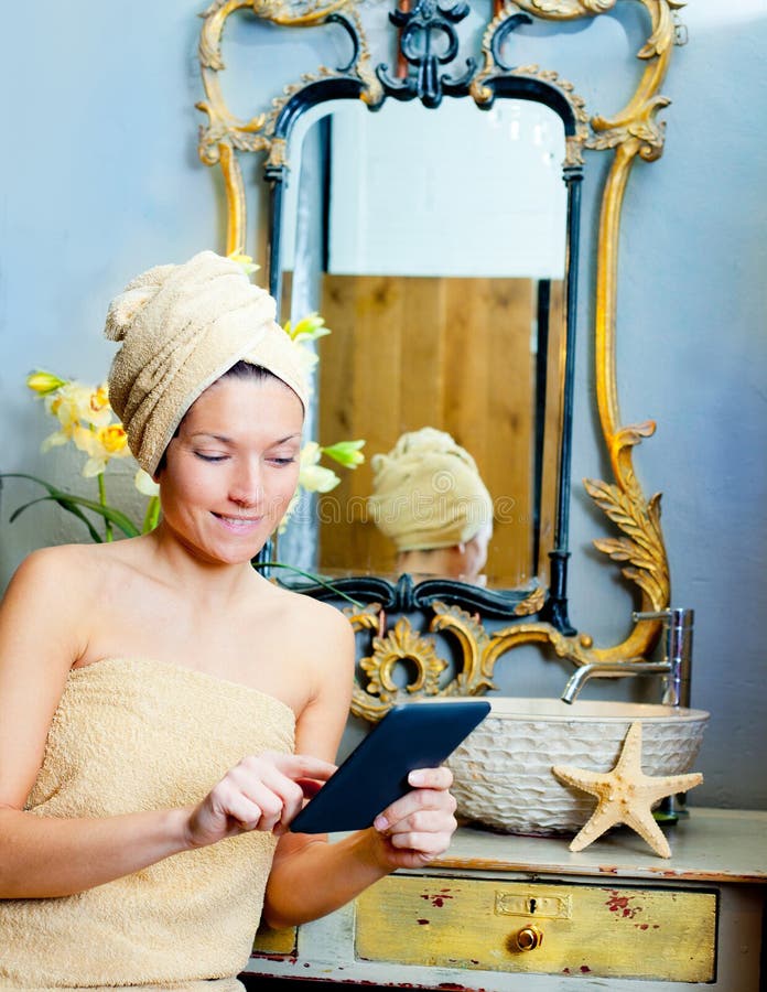 Female in Bathroomreading Ebook Tablet Stock Image - Image of frame ...