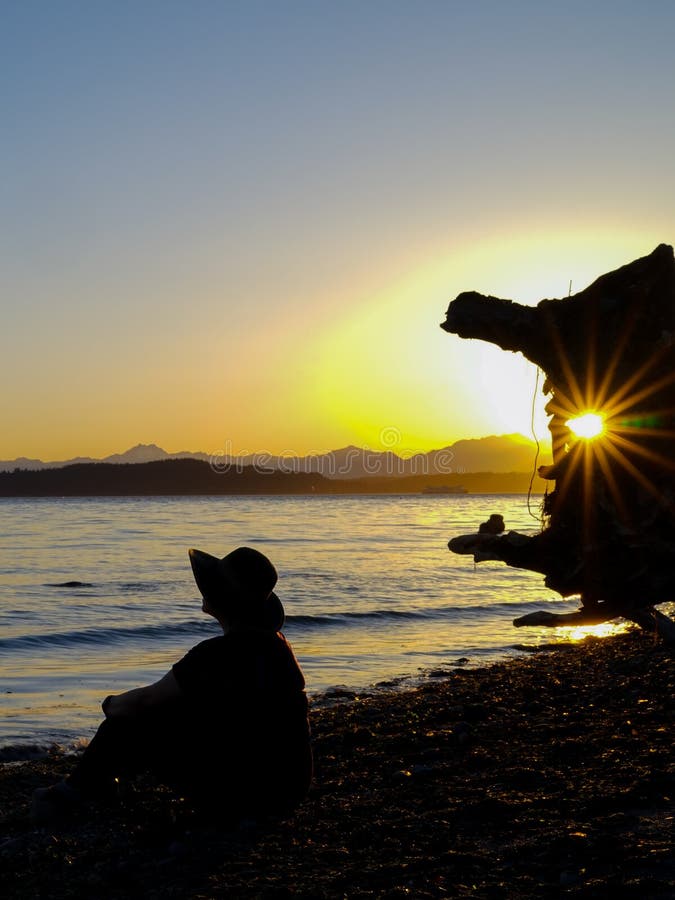 Female at Beach in Thought Silhouette Stock Photo - Image of silhouette ...
