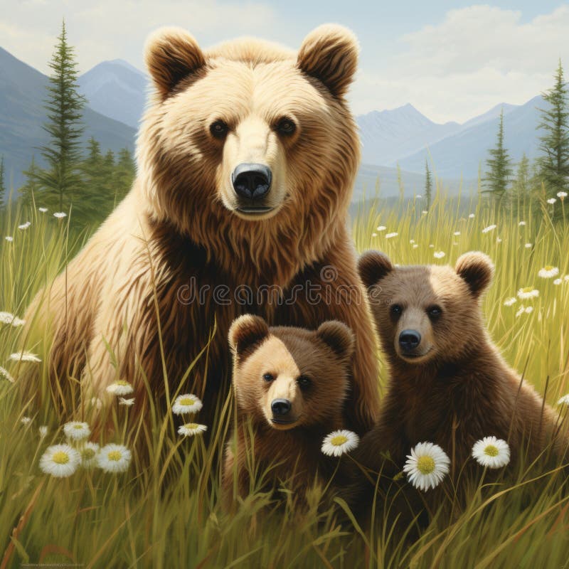 Female Bear and Her Two Cubs in the Meadow Stock Illustration ...