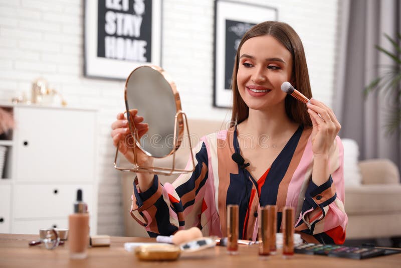 Female Beauty Blogger Doing Makeup at Home Stock Photo - Image of ...