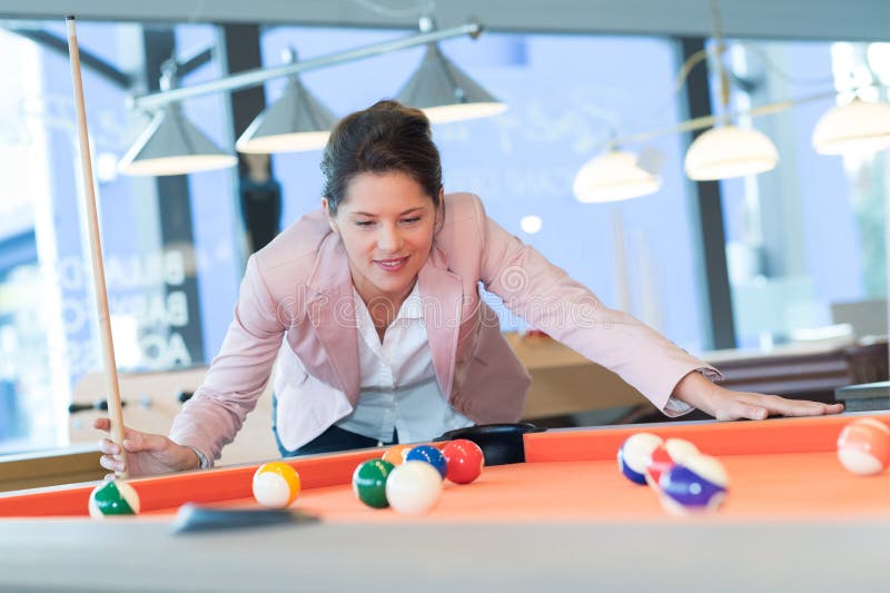 Female Billiard Player Setting Balls and Ready for Play Stock Photo ...