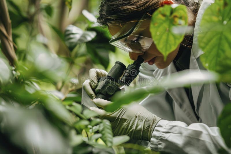 Female Biologist Researching Plant Specimens with Microscope in Nature ...