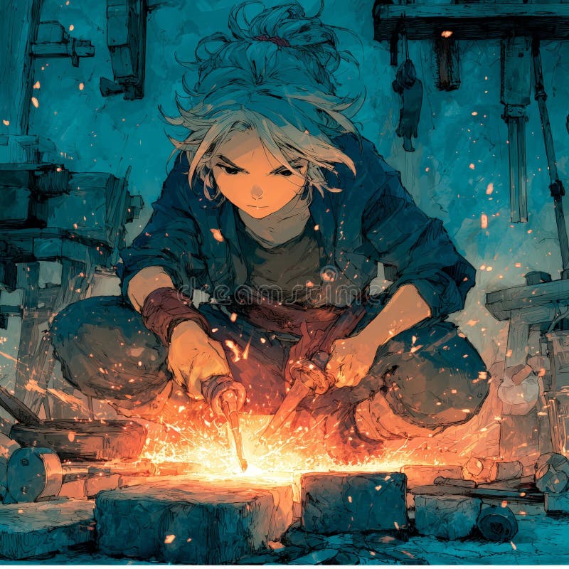 Female Blacksmith Forging Metal with Sparks in Dramatic Workshop Scene ...