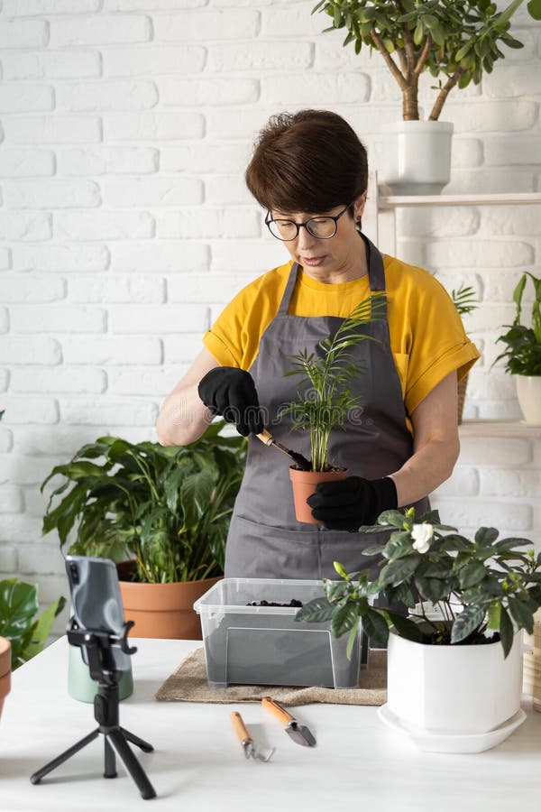 Female Blogger Sits in Front of Smartphone Camera on Tripod Records ...