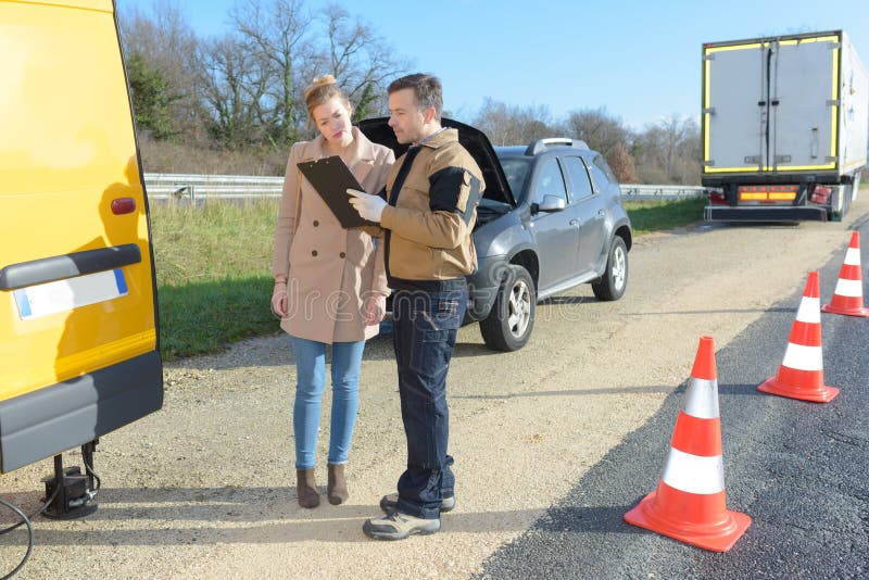 Female with Broken Car and Car Assistance Helping Stock Photo - Image ...