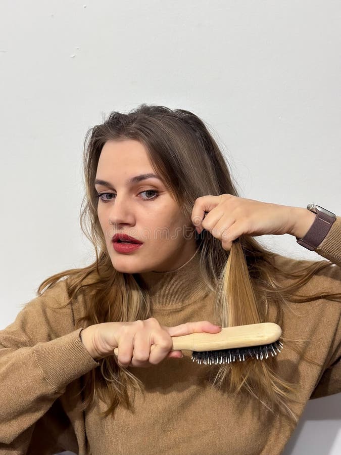 Female Brushing Her Long Hair with a Brush Stock Image - Image of care ...