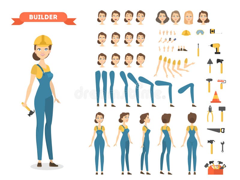 Female Builder Character Set. Stock Vector - Illustration of characters ...