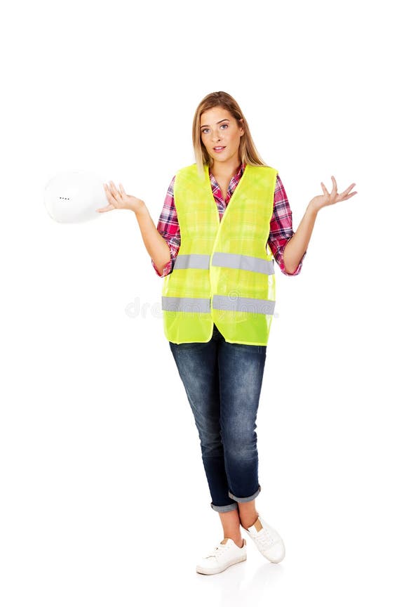 Female Builder Makind Do Not Know Sign Stock Photo - Image of gesturing ...