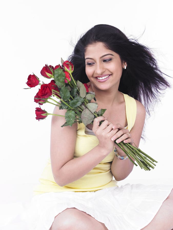 Female with a Bunch of Red Roses Stock Image - Image of beautiful ...