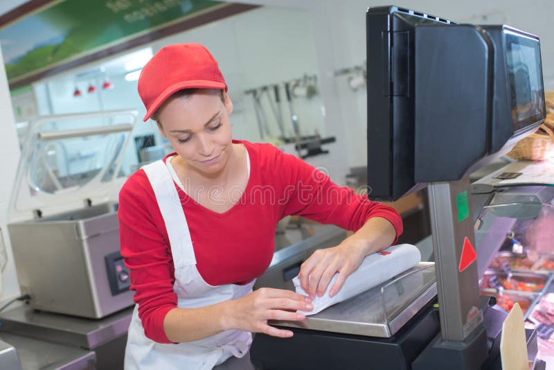 Female Butcher Packing Meat Stock Image - Image of wrapping, small ...