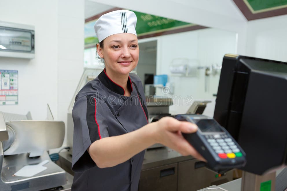 Female Butcher Passing Card Reading Device To Customer for Code Stock ...