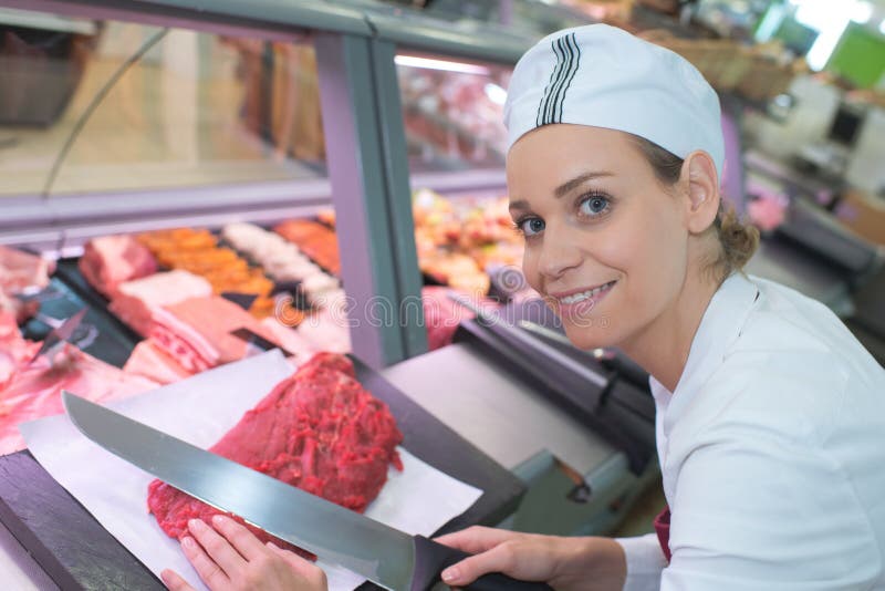 Female Butcher in Supermarket at Work Stock Image - Image of food ...