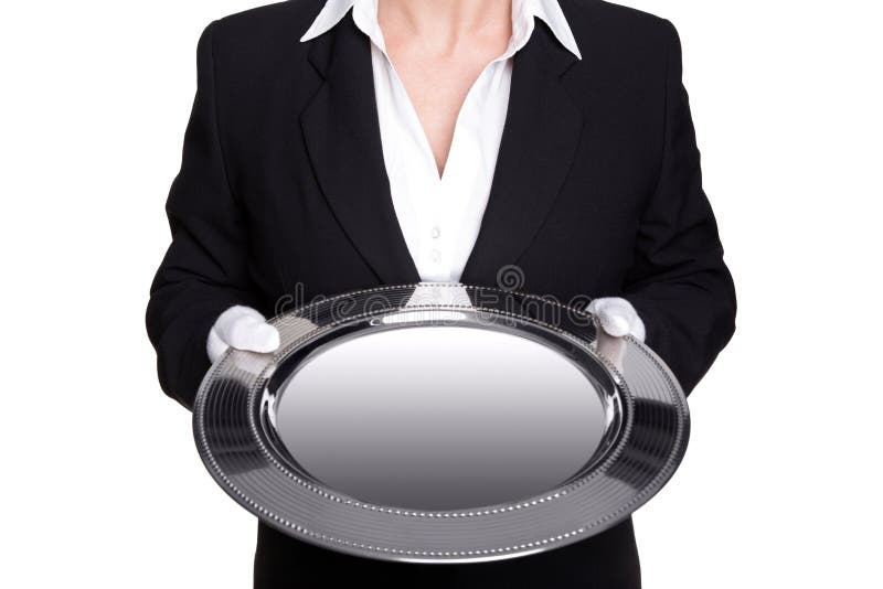 Female Butler Holding a Silver Tray Isolated Stock Image - Image of ...
