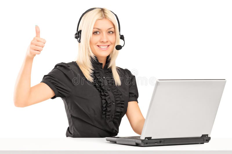 Female Call Service Operator Giving a Thumb Up Stock Photo - Image of ...