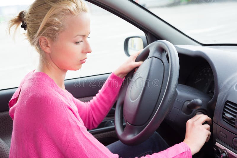 Female Car Driver Starting the Engine. Stock Photo - Image of interior ...
