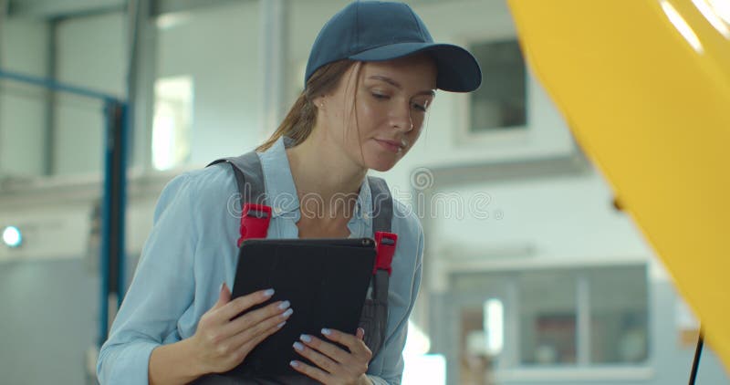 Female Car Mechanic Using a Digital Tablet while Doing Routine ...