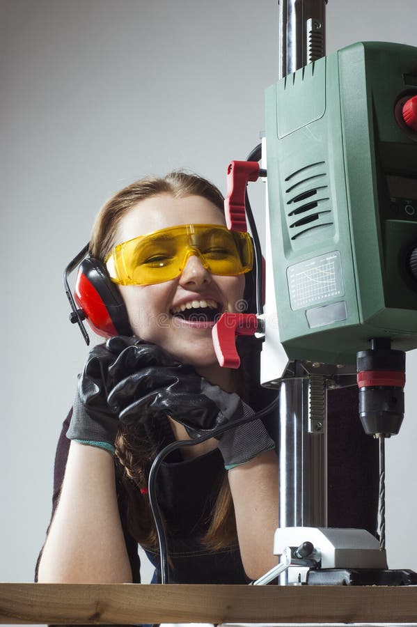 Female Carpenter and Drilling Machine. Stock Image - Image of equipment ...