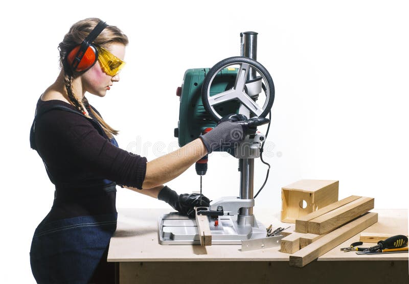 Female Carpenter and Drilling Machine. Stock Image - Image of boring ...