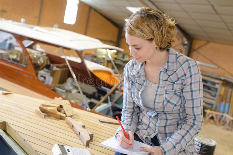 Female carpenter at work stock image. Image of sander - 120357621