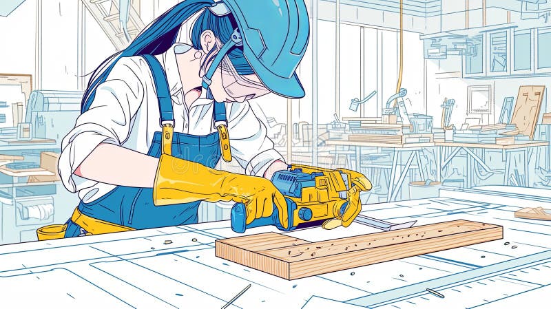 Female Carpenter in Workshop Using Tools and Wearing Protective Gear ...