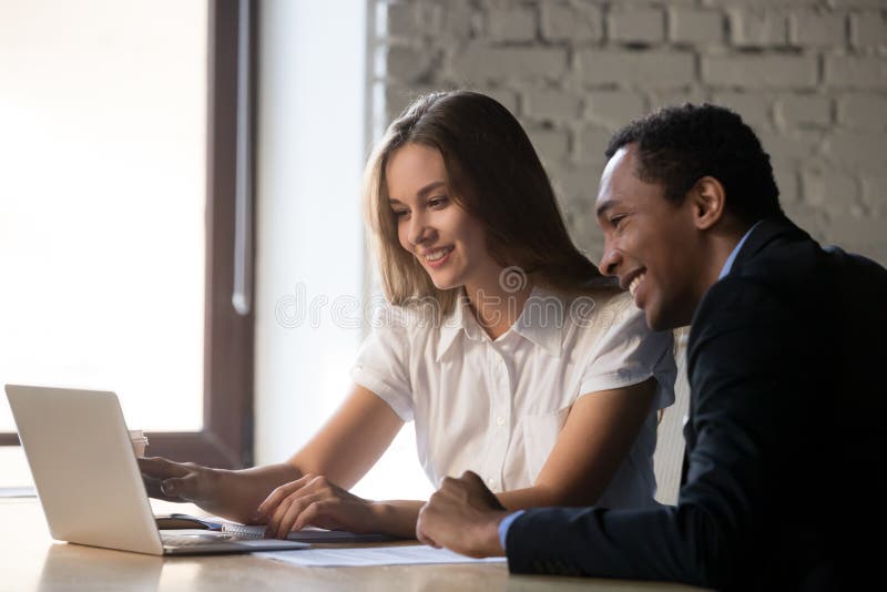 Female Ceo Advisor Consulting African Client Looking at Computer Stock ...