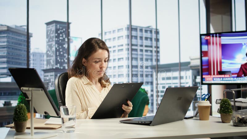 Female Ceo Solving Her Business Paperwork Tasks Signing Documents Stock ...