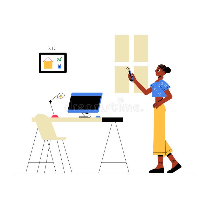 Smart Home Control Panel with Female Character in Flat Vector ...