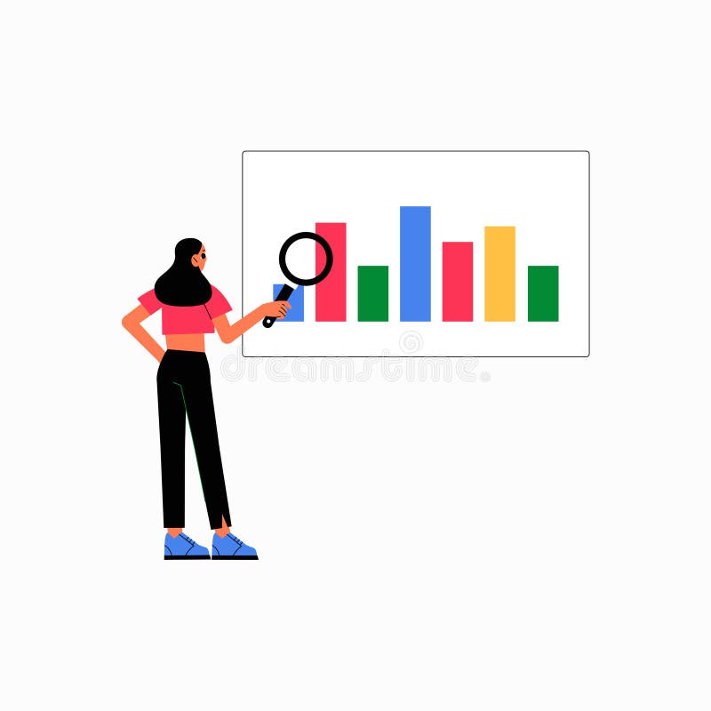 Female Character Analyzing Bar Graph with Magnifying Glass in Flat ...