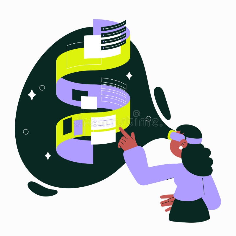 Female Character Browsing Digital Files in Flat Vector Illustration ...