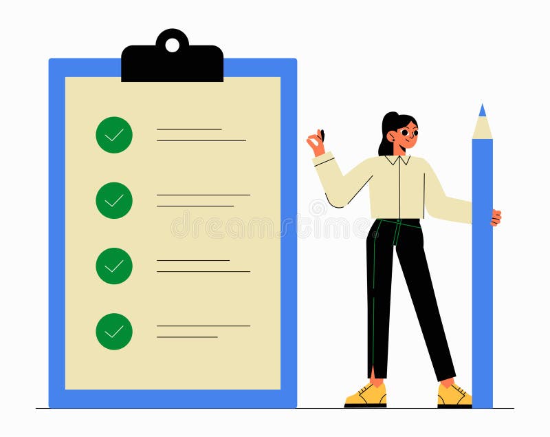 Female Character with Giant Checklist in Flat Vector Illustration ...